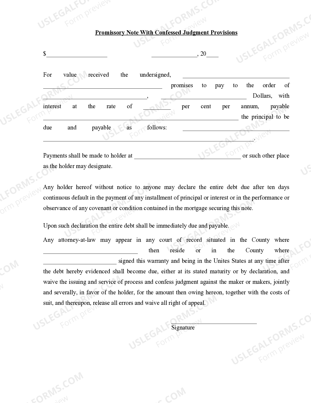 Promissory Note with Confessed Judgment Provisions - Confessed Judgment ...