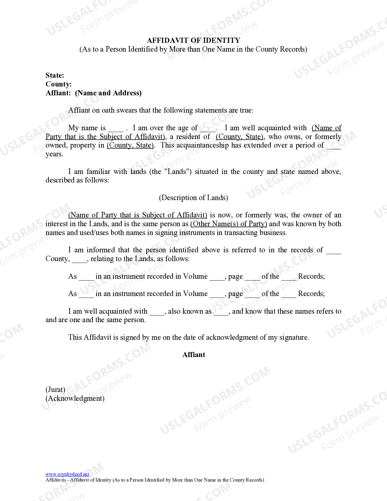 Affidavit of Identity As to A Person Identified by More Than one Name ...