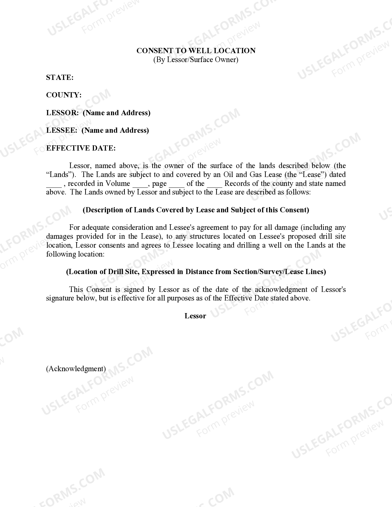 Consent to Well Location by Lessor and Surface Owner | US Legal Forms