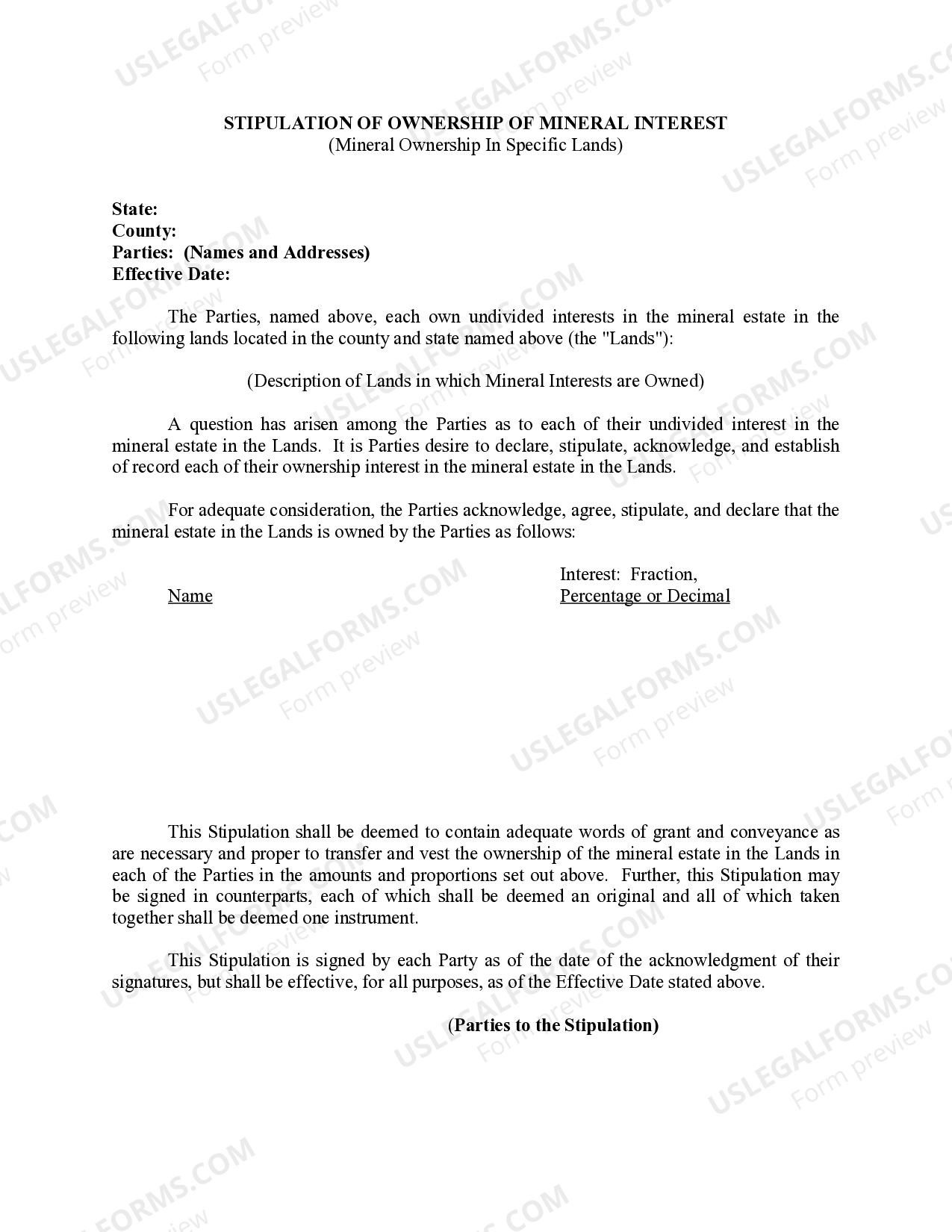 Stipulation of Ownership of Mineral Interest in Specific Lands ...