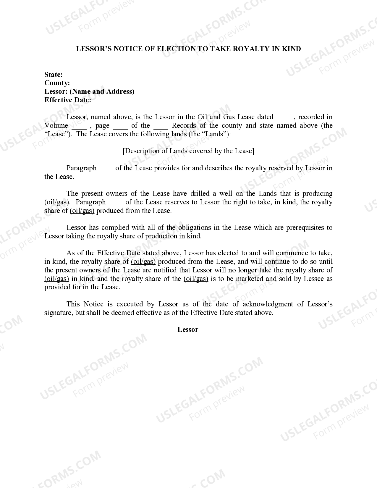Lessor's Notice of Election to Take Royalty in Kind | US Legal Forms