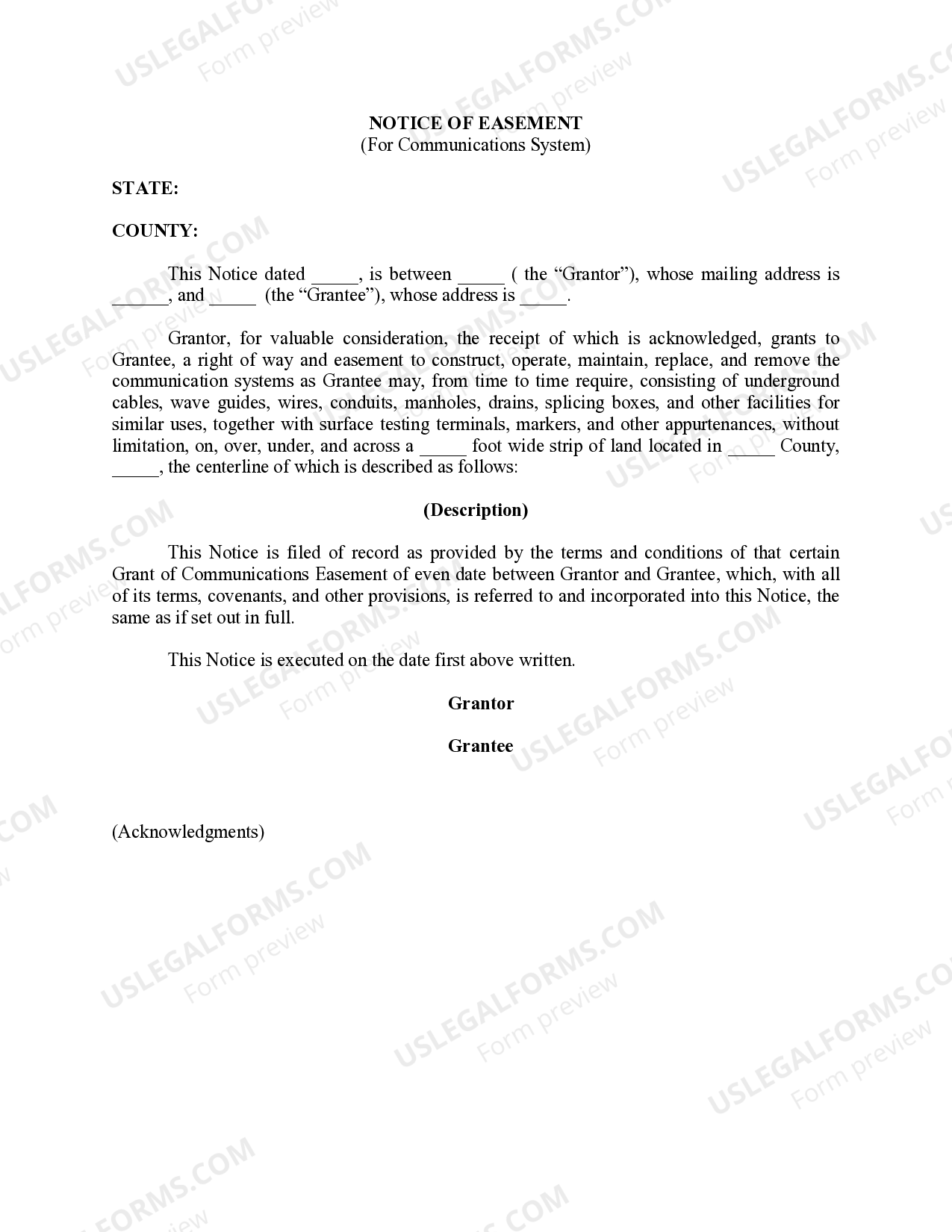 Notice of Easement (For Communications System) | US Legal Forms