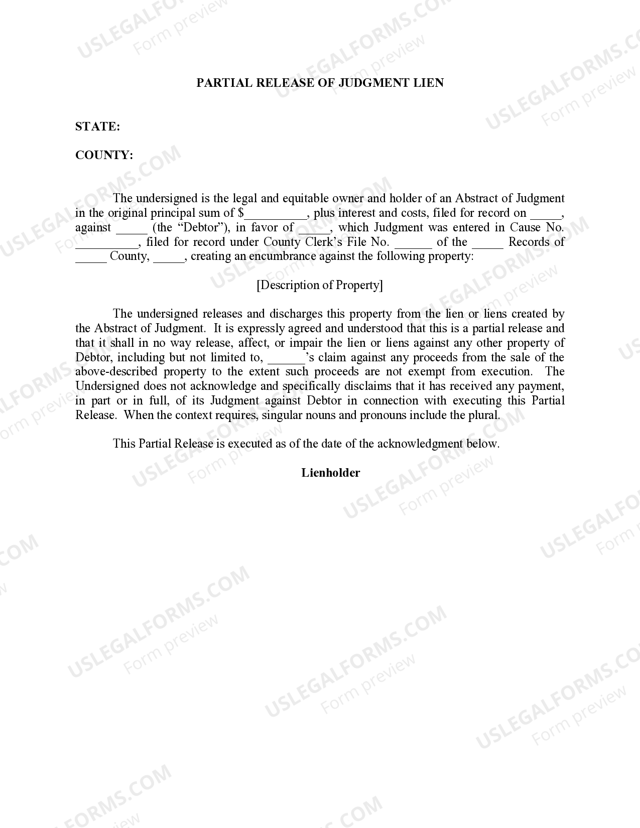 Partial Release of Judgment Lien | US Legal Forms