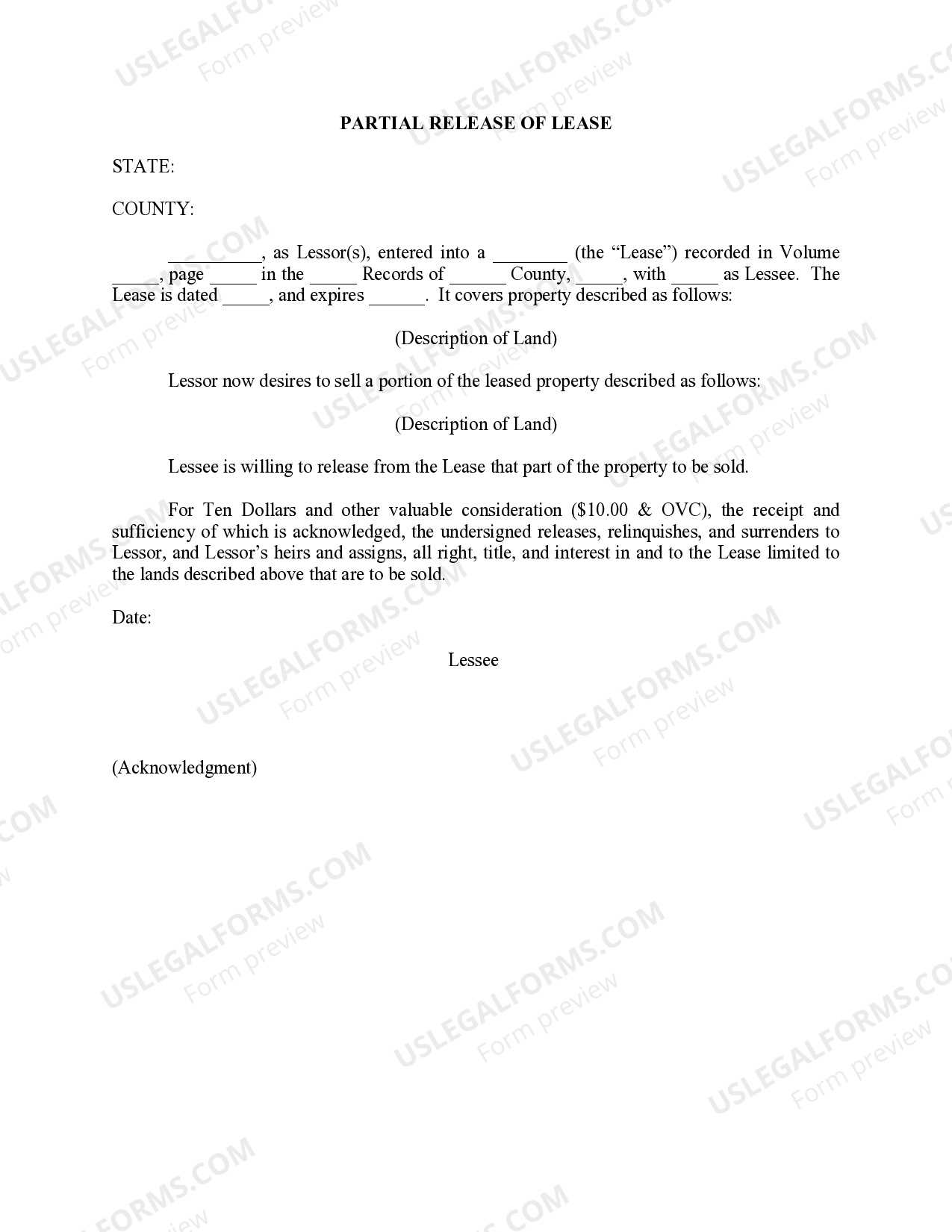 Partial Release of Lease | US Legal Forms