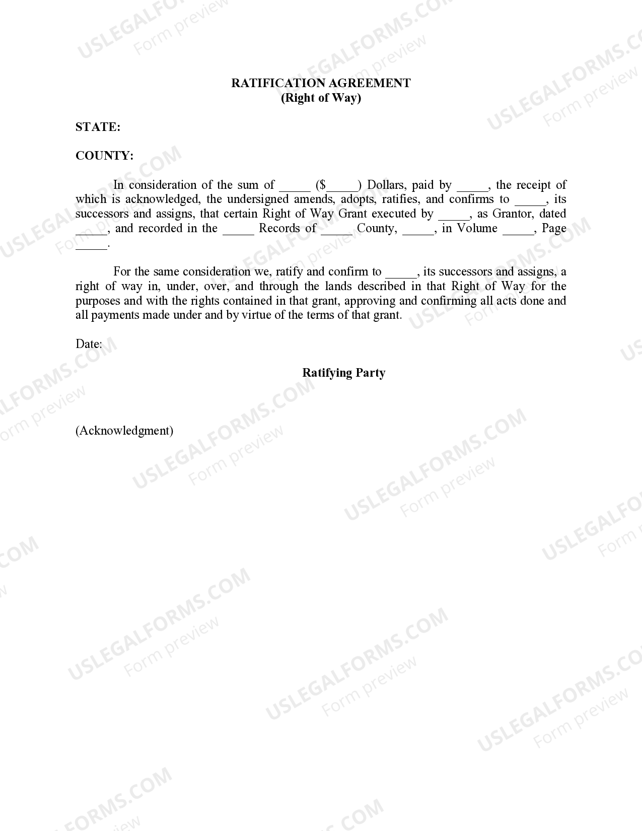 Ratification Agreement (Right of Way) | US Legal Forms