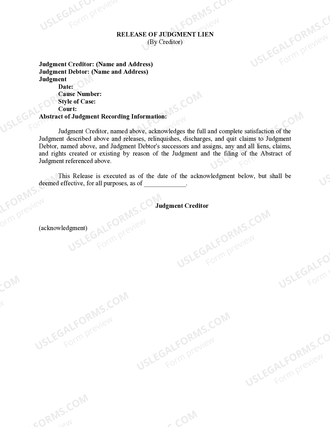 Release of Judgment Lien - By Creditor | US Legal Forms