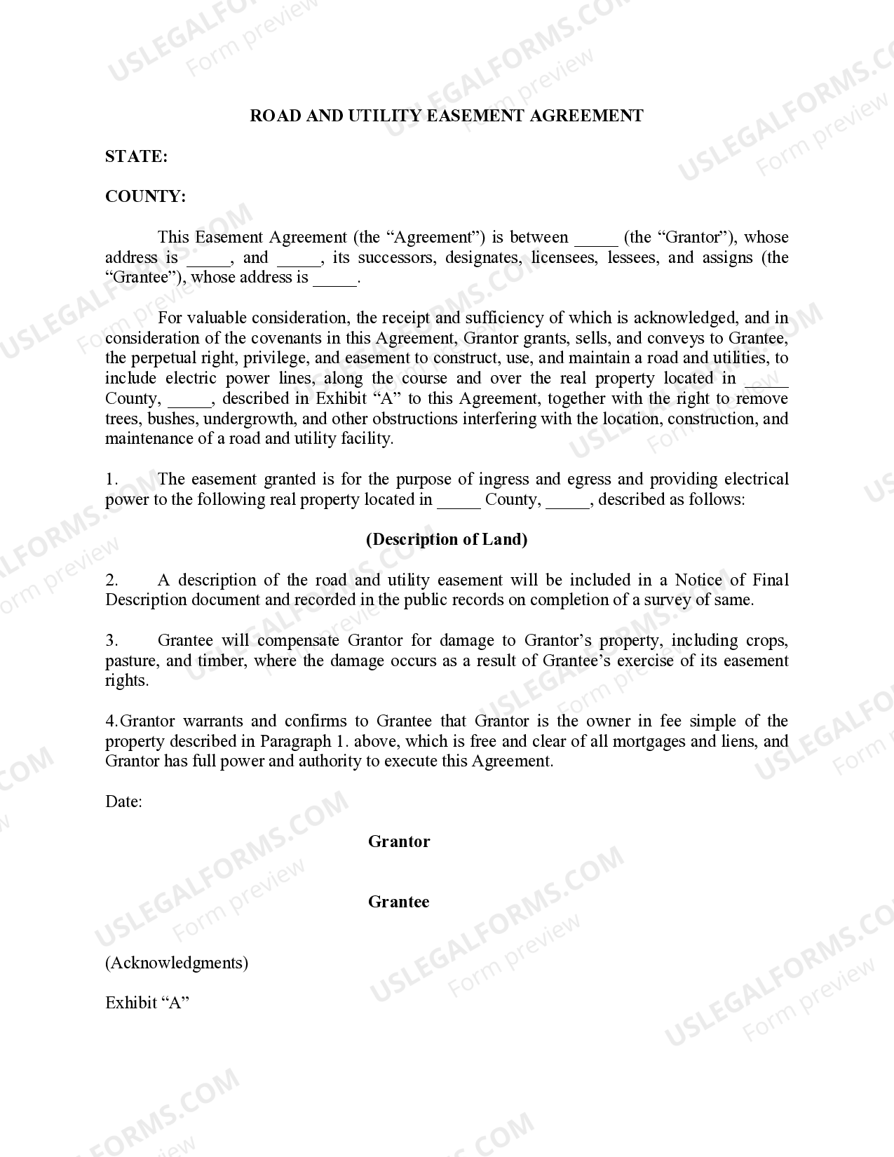 Road and Utility Easement Agreement | US Legal Forms