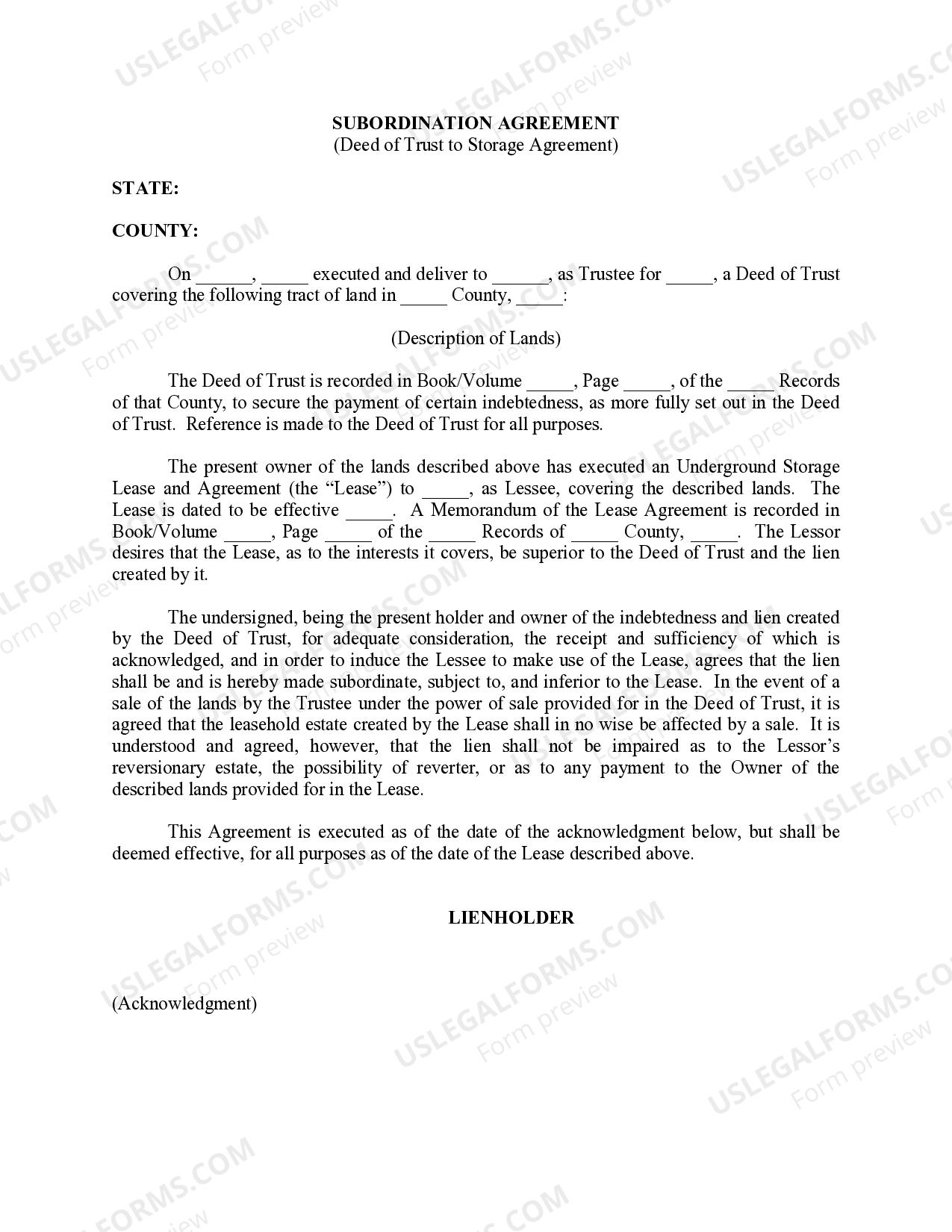Subordination Agreement (Deed of Trust to Storage Agreement) | US Legal Forms
