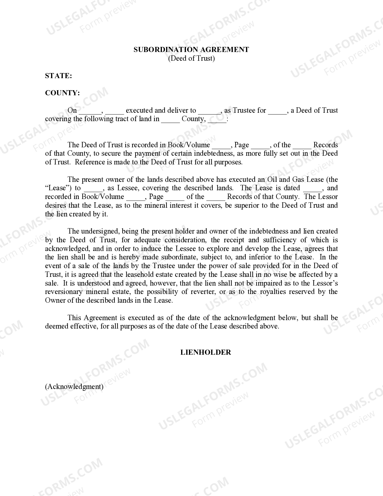 Subordination Agreement (Deed of Trust) | US Legal Forms