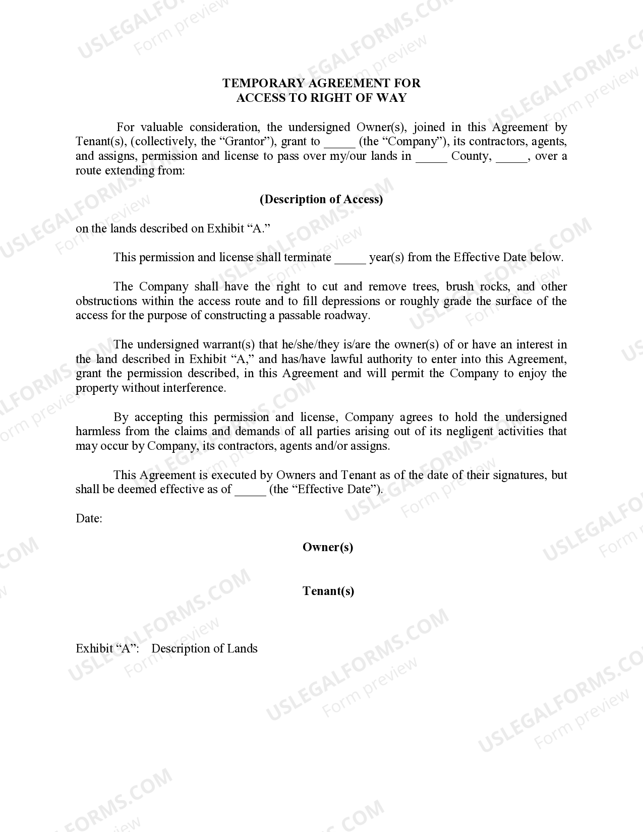 Temporary Right Of Access Agreement Form | US Legal Forms