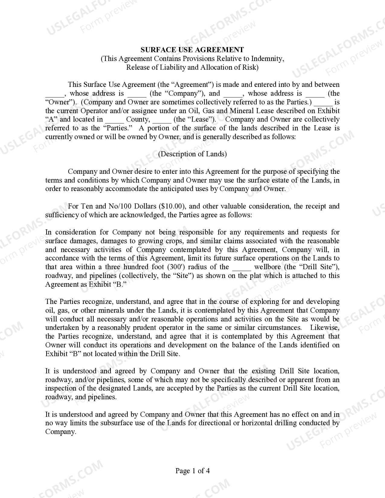 Surface Use Agreement (Contains Provisions Relative to Indemnity) | US ...