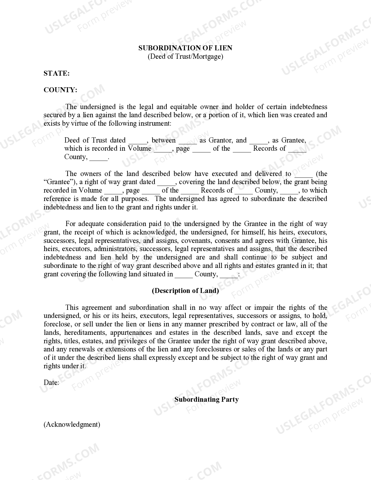 Subordination of Lien (Deed of Trust/Mortgage) | US Legal Forms