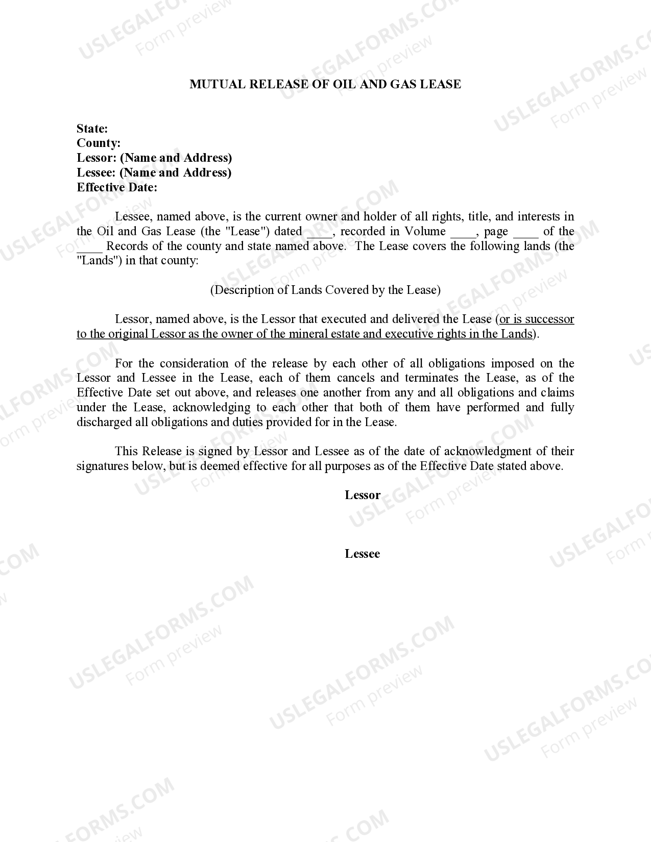 Mutual Release of Oil and Gas Lease signed by Both Lessor and Lessee ...