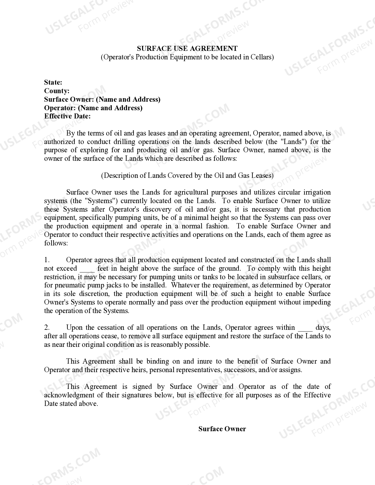 Surface Use Agreement when Operator's Production Equipment to Be ...