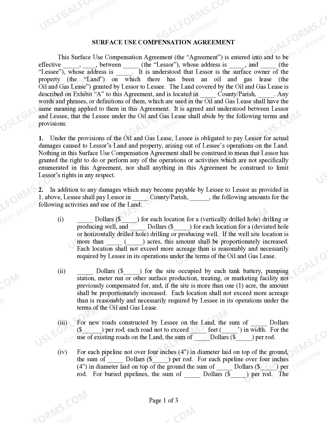 Surface Use Compensation Agreement | US Legal Forms