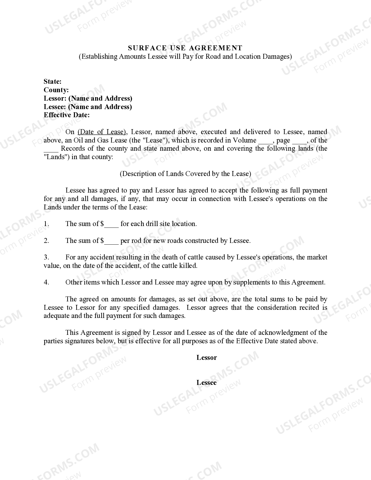 Surface Use Agreement Establishing Amounts Lessee Will Pay For Road and ...