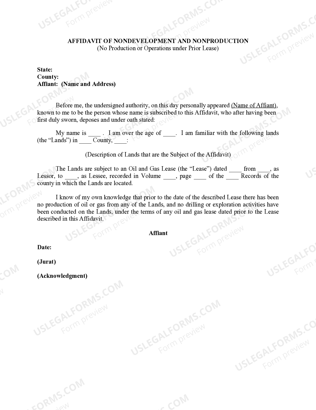 Affidavit of Nondevelopment and Nonproduction with No Production or ...
