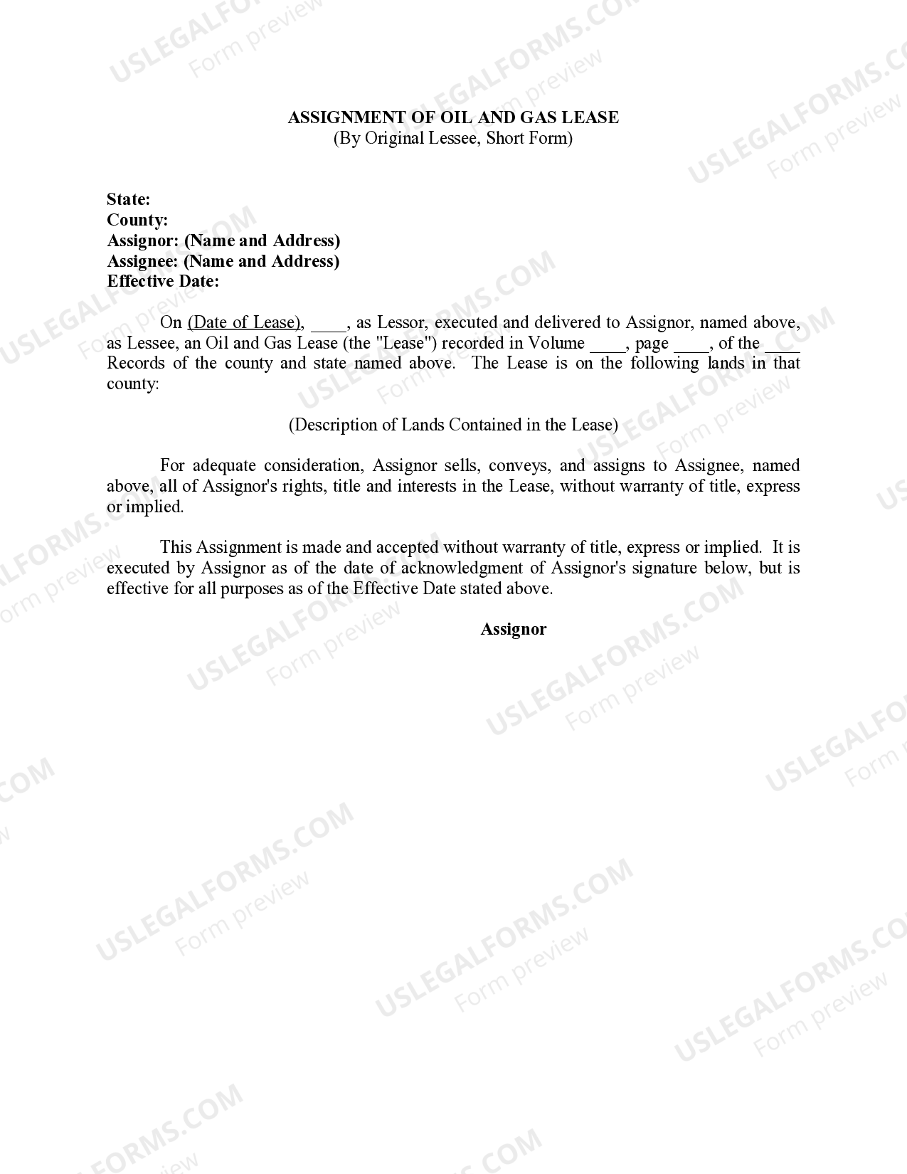 Assignment of Oil and Gas Lease by Original Lessee, Short Form | US Legal Forms