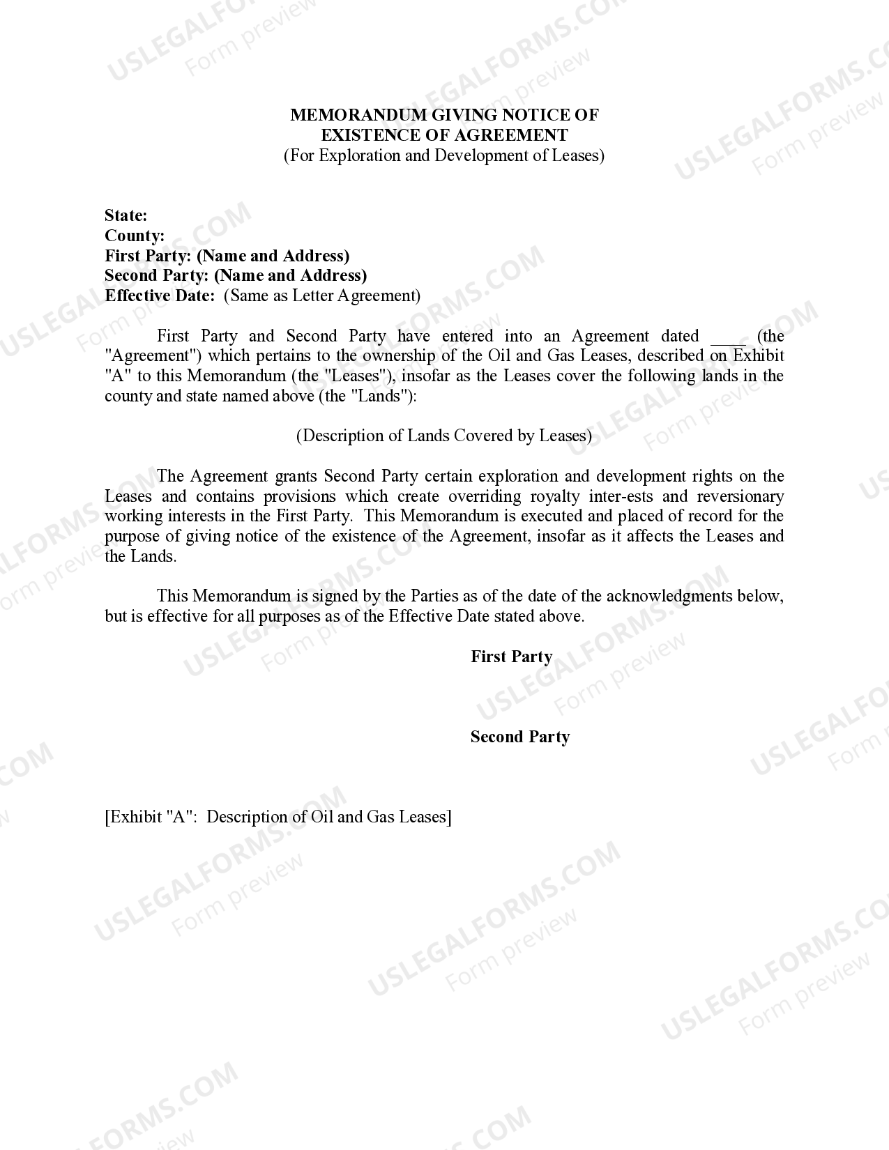 Memorandum Giving Notice of Existence of Agreement for Exploration and ...