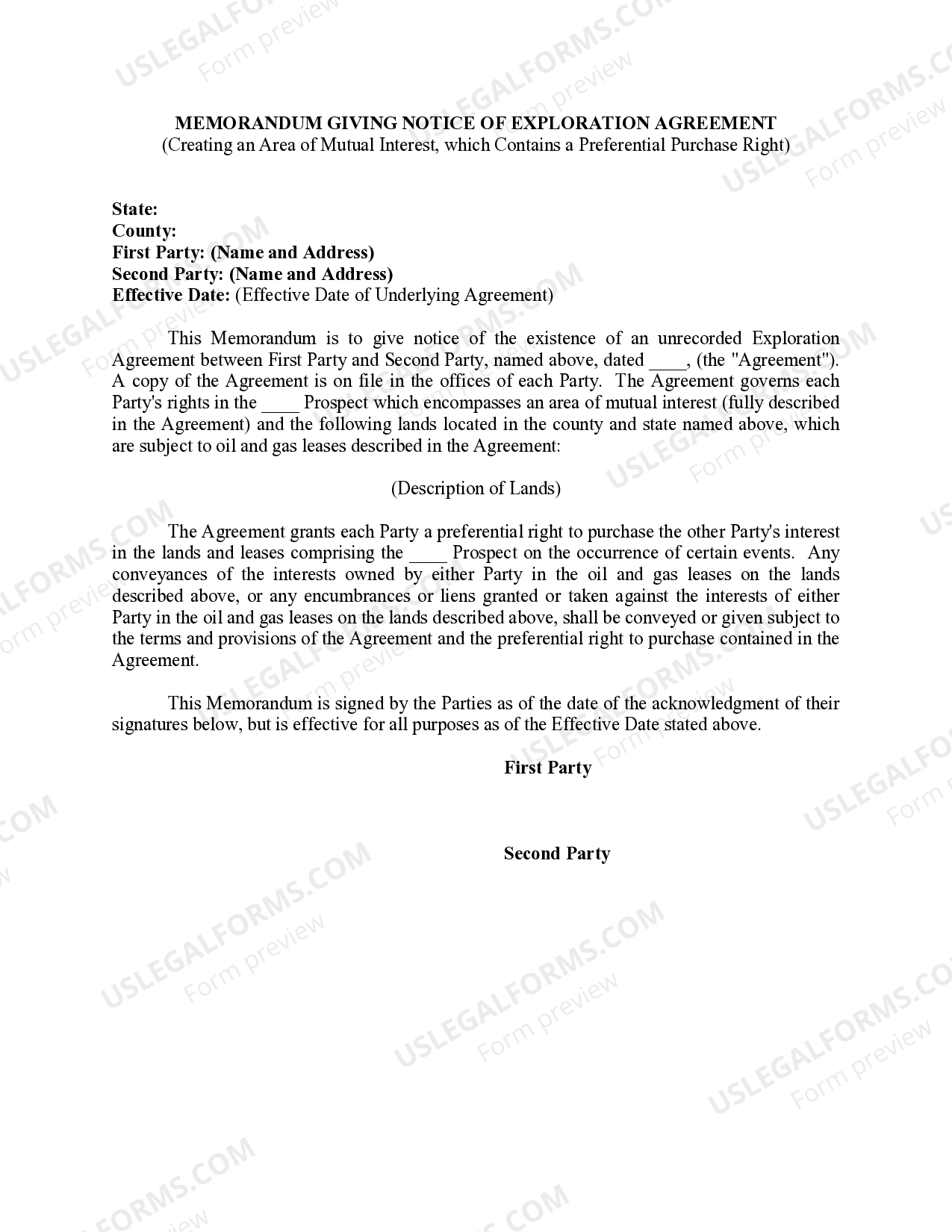 Memorandum Giving Notice of Exploration Agreement Creating An Area of ...