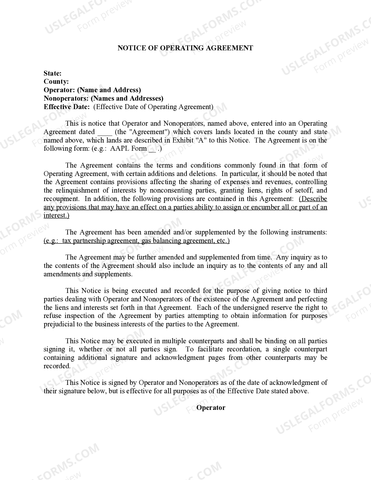 Notice of Operating Agreement | US Legal Forms
