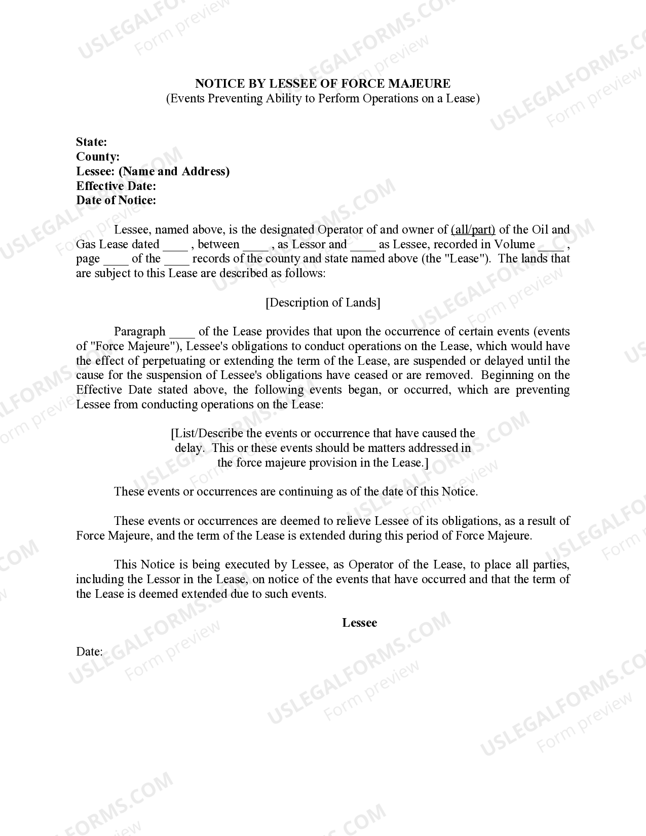 Notice by Lessee of Force Majeure with Events Preventing Ability to ...
