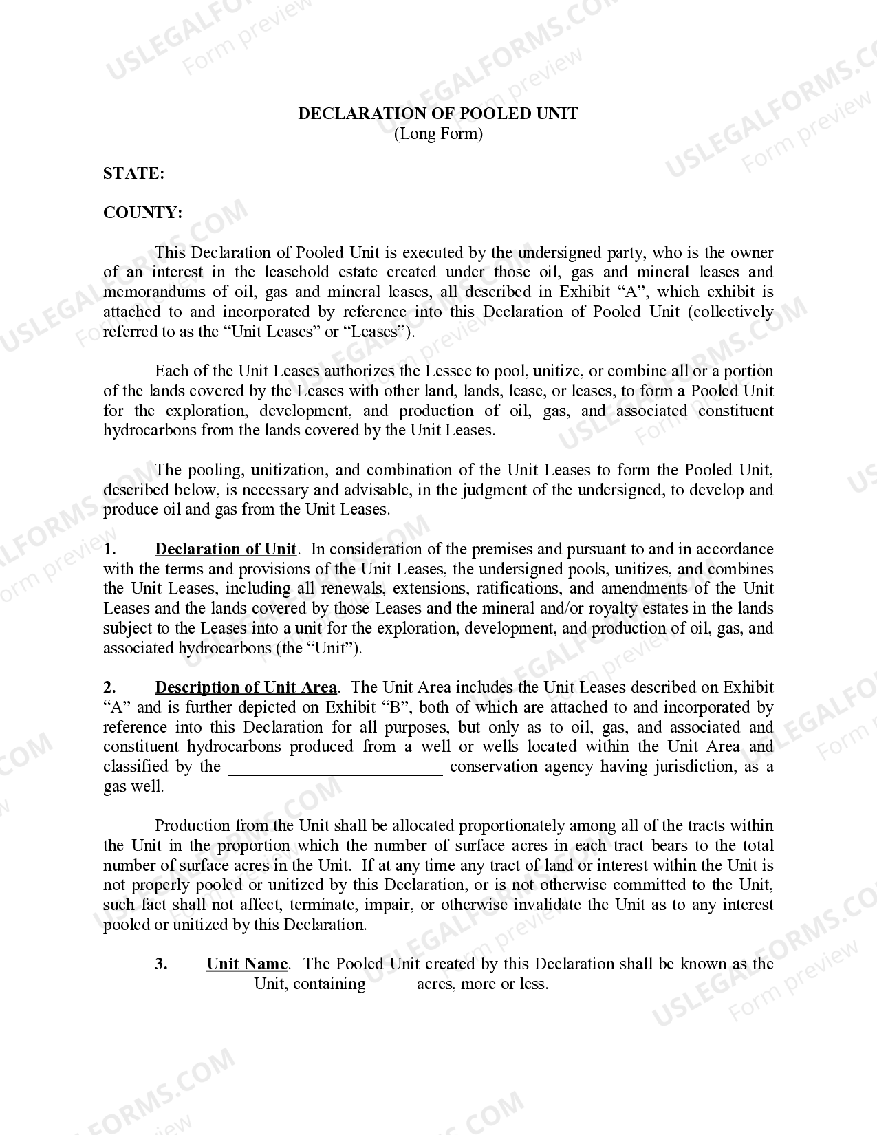 Declaration of Pooled Unit - Long Form | US Legal Forms