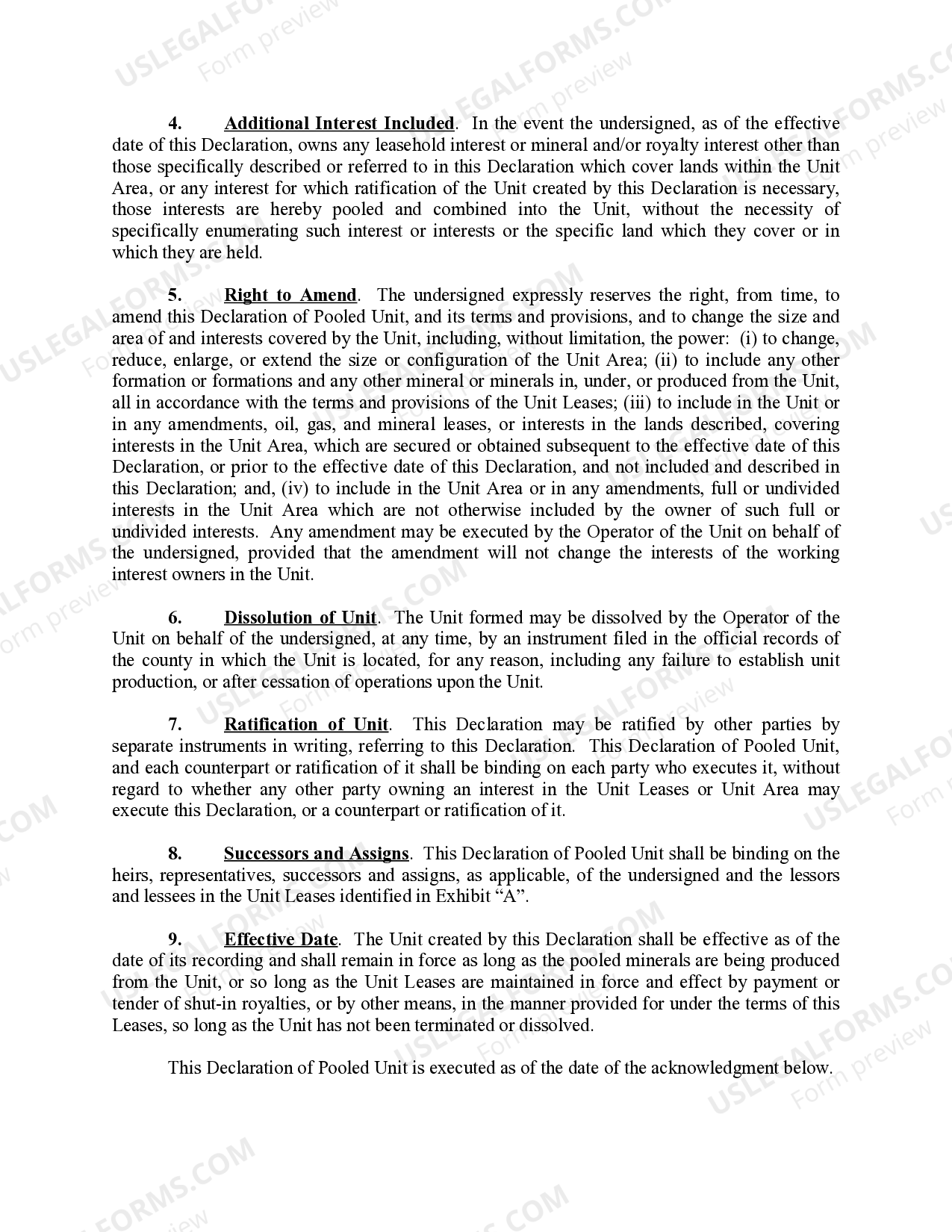 Declaration of Pooled Unit - Long Form | US Legal Forms