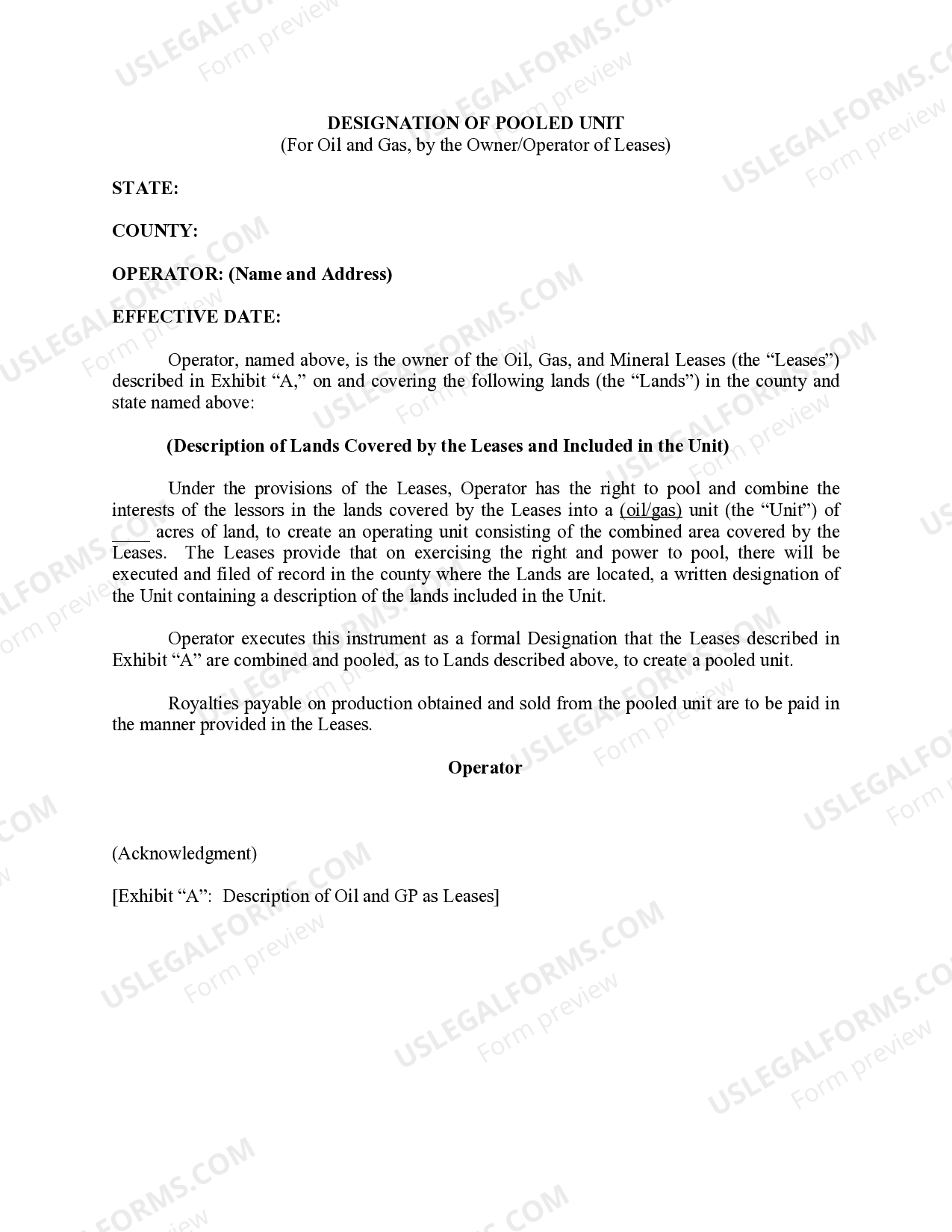 Designation of Pooled Unit For Oil and Gas | US Legal Forms