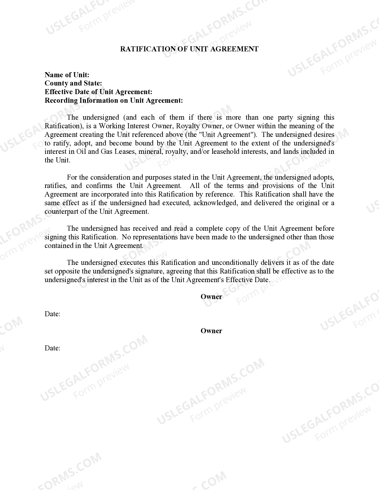 Ratification of Unit Agreement | US Legal Forms