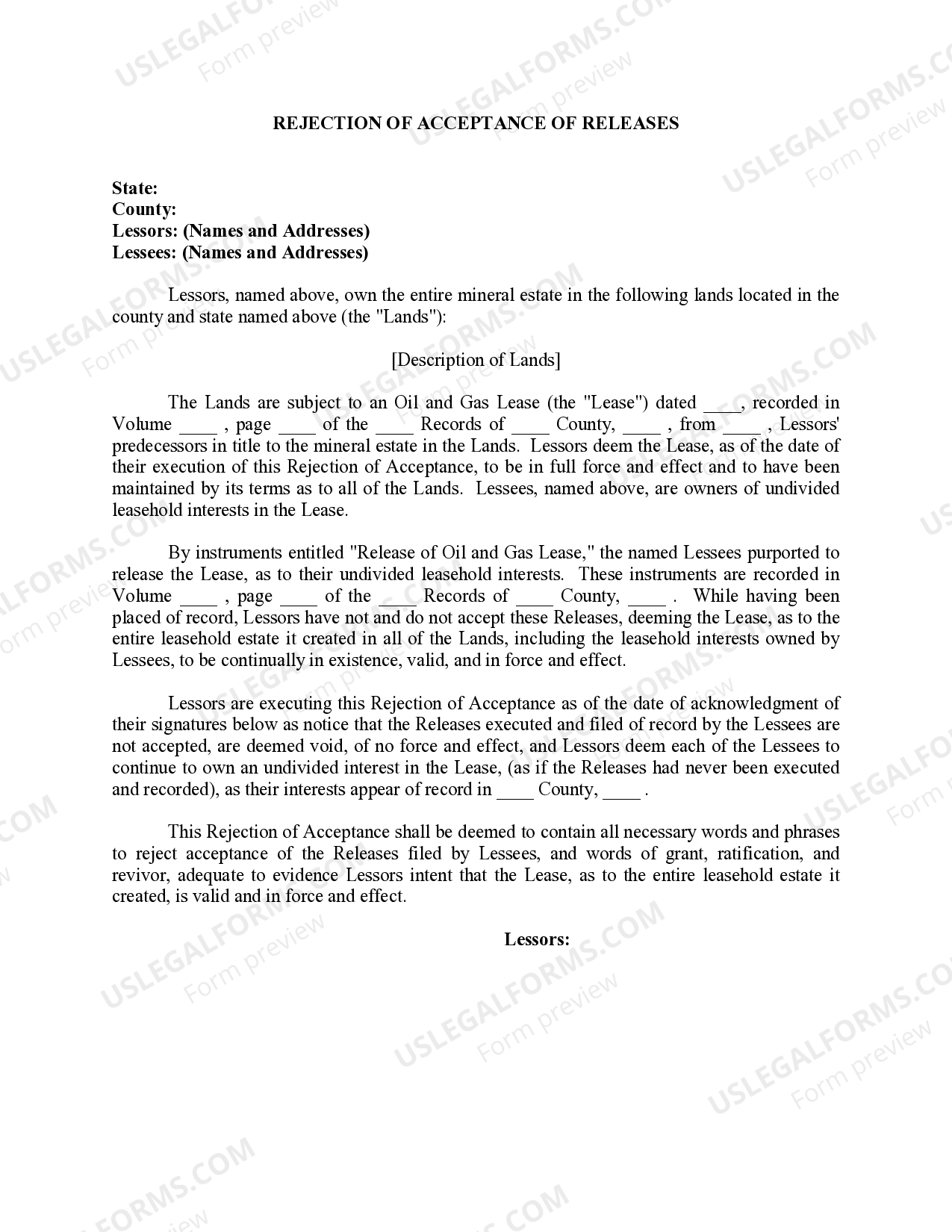 Rejection of Acceptance of Releases | US Legal Forms