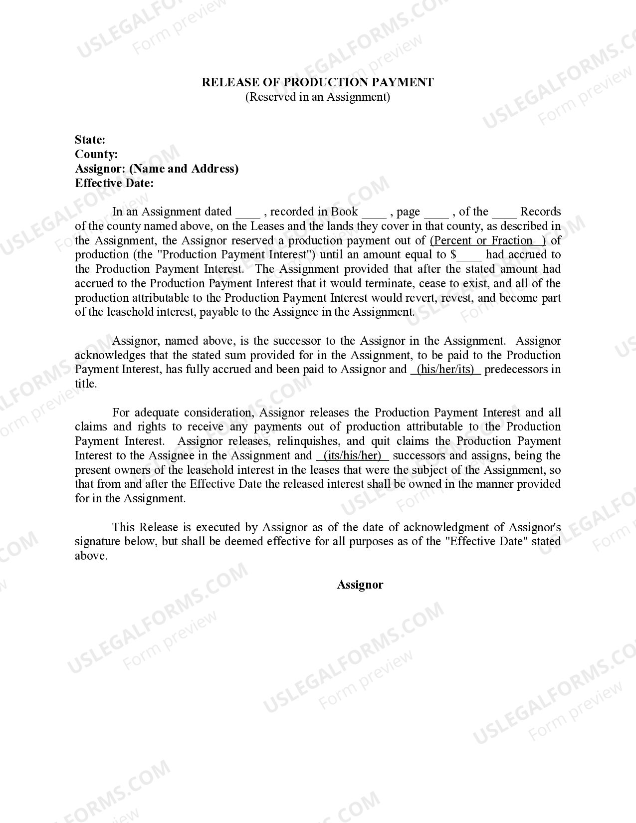 Release of Production Payment Reserved in An Assignment | US Legal Forms