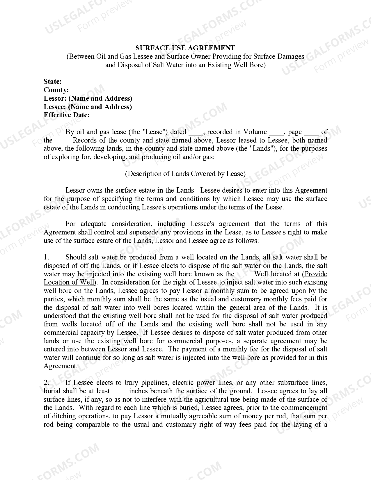 San Diego California Surface Use Agreement Between Oil and Gas Lessee ...