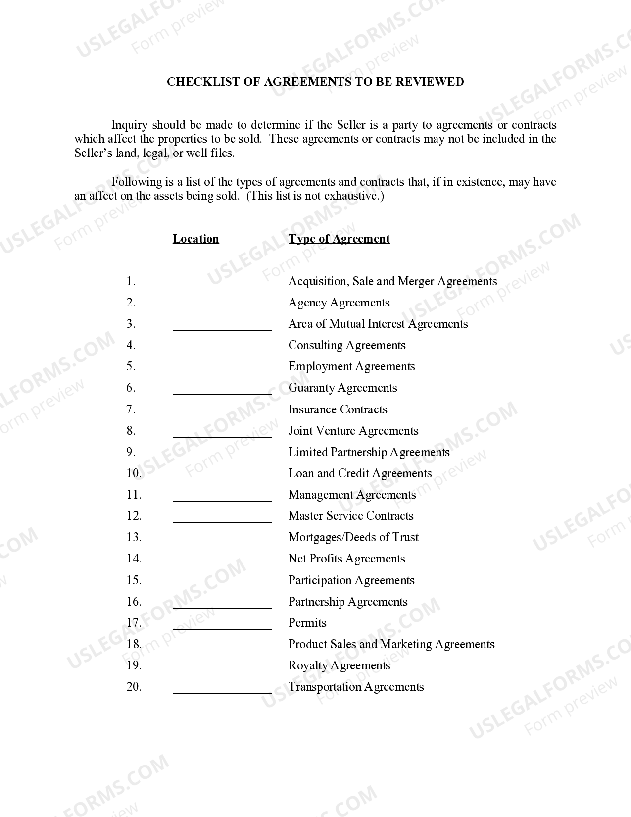 Checklist of Agreements to Be Reviewed | US Legal Forms