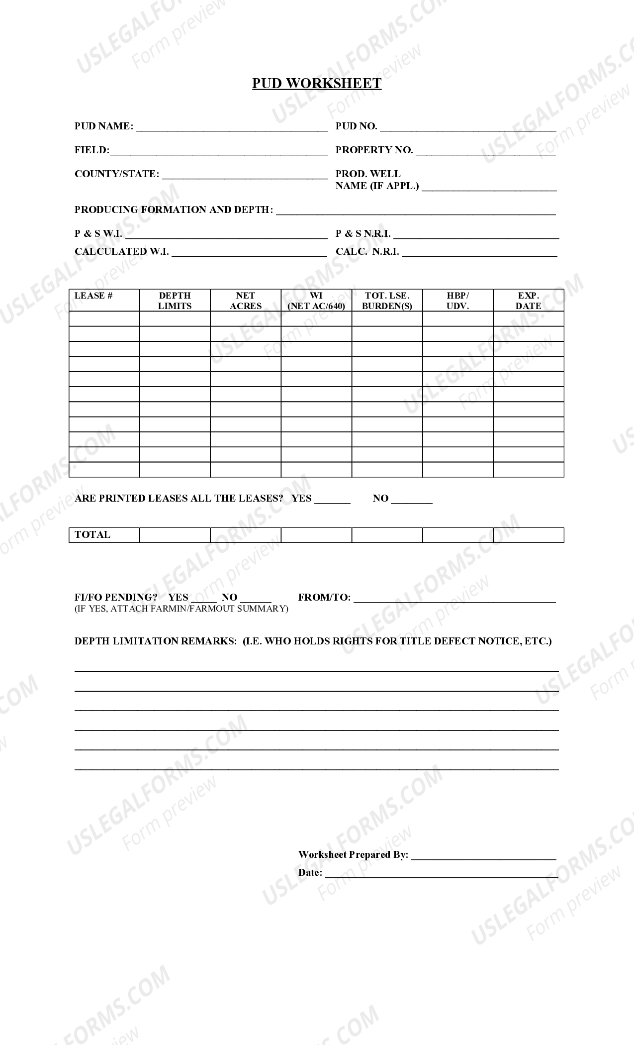 Pud Worksheet | US Legal Forms