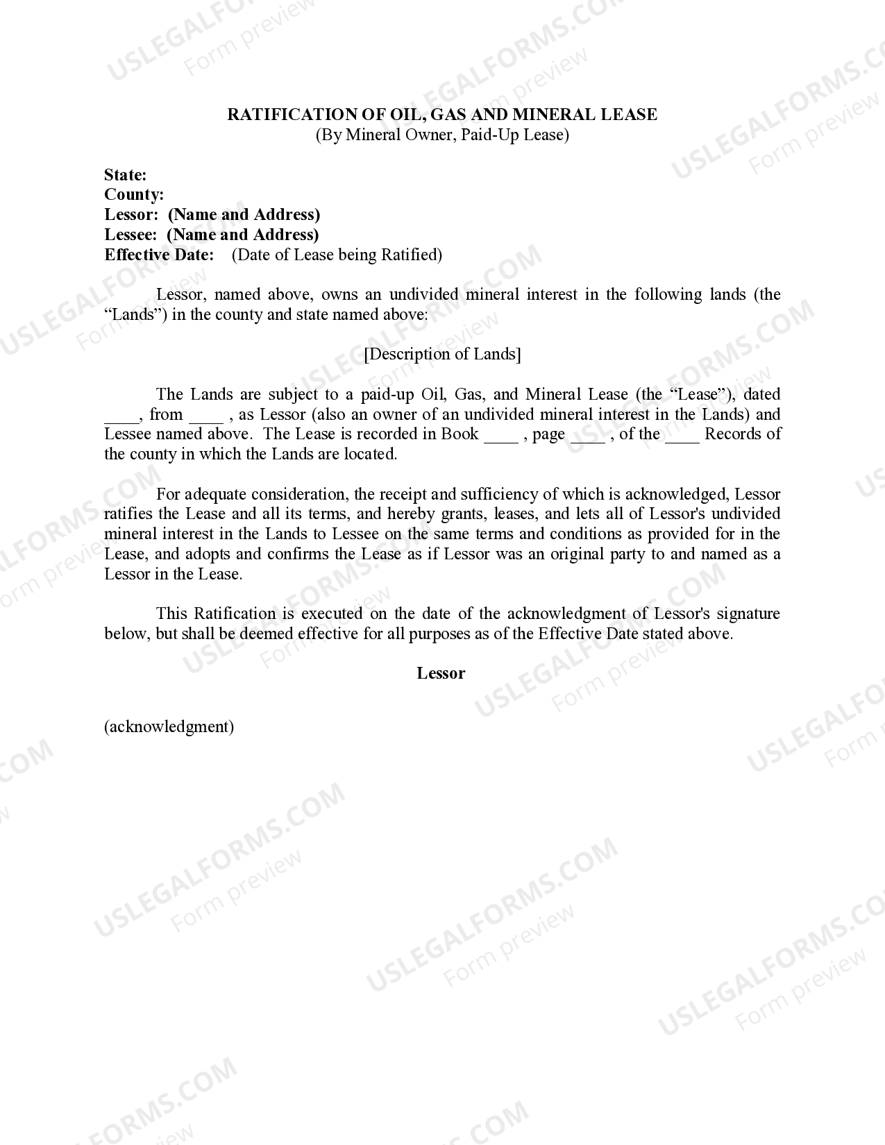 Ratification of Oil, Gas and Mineral Lease by Mineral Owner, Paid-Up ...
