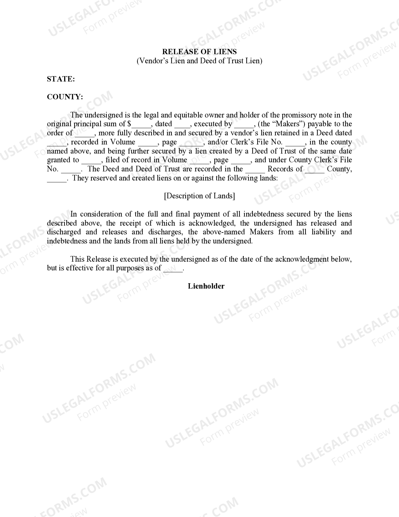 Release of Liens for Vendor's Lien and Deed of Trust Lien | US Legal Forms
