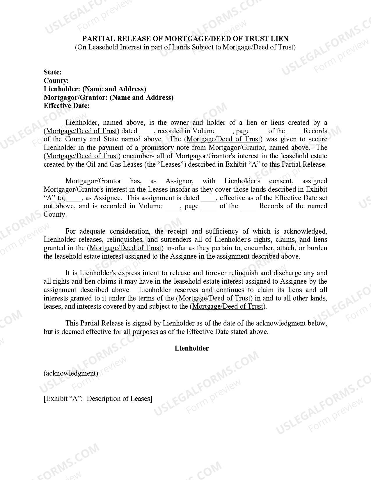 Partial Release of Mortgage / Deed of Trust Lien on Leasehold Interest ...