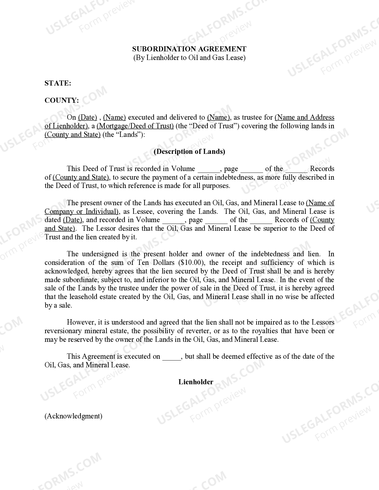 Subordination Agreement by Lienholder to Oil and Gas Lease | US Legal Forms