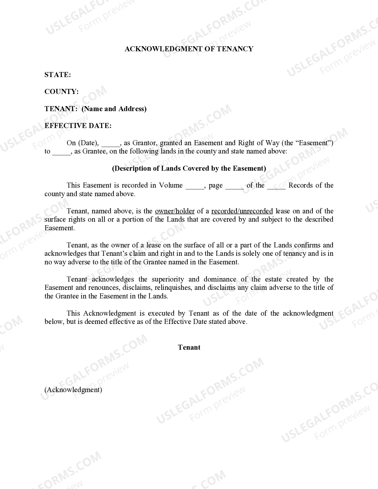 Acknowledgment of Tenancy | US Legal Forms