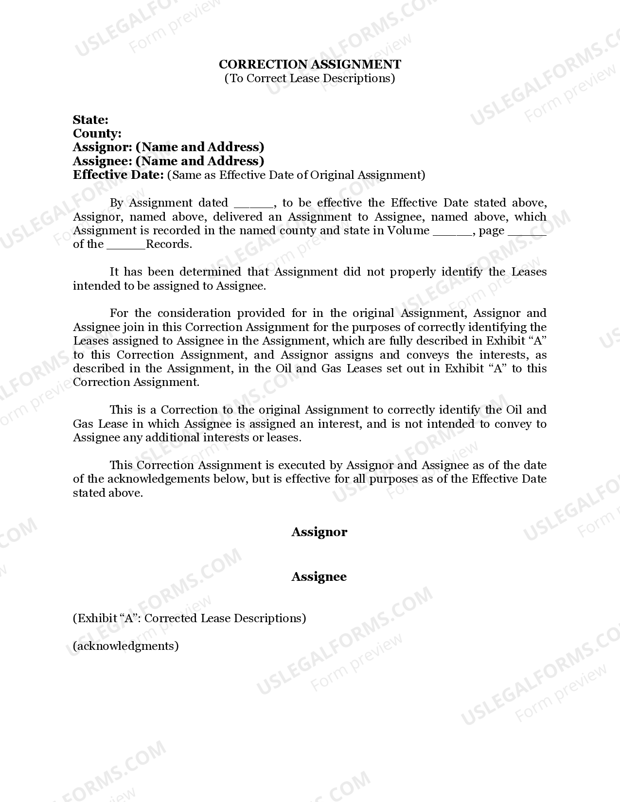 Correction Assignment to Correct Lease Descriptions | US Legal Forms