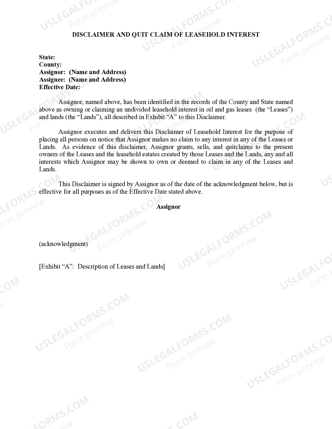 Disclaimer and Quitclaim of Leasehold Interest | US Legal Forms