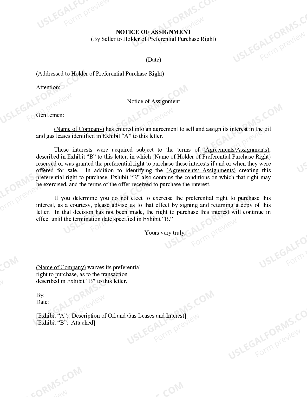 Notice of Assignment by Seller to Holder of Preferential Purchase Right ...