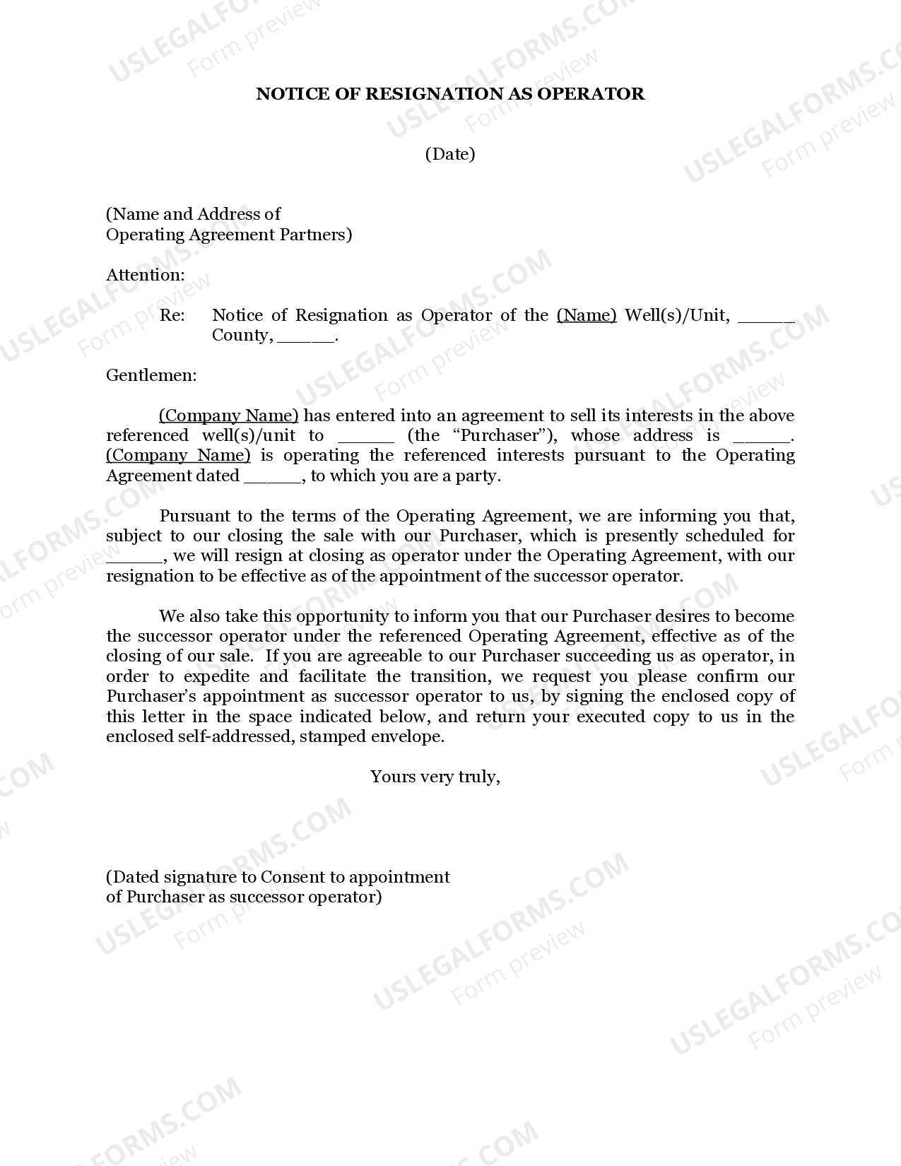 Notice of Resignation As Operator | US Legal Forms