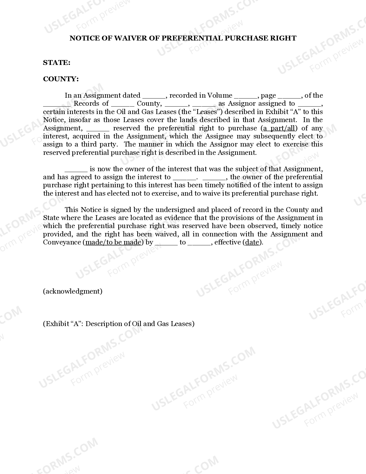 Notice of Waiver of Preferential Purchase Right | US Legal Forms