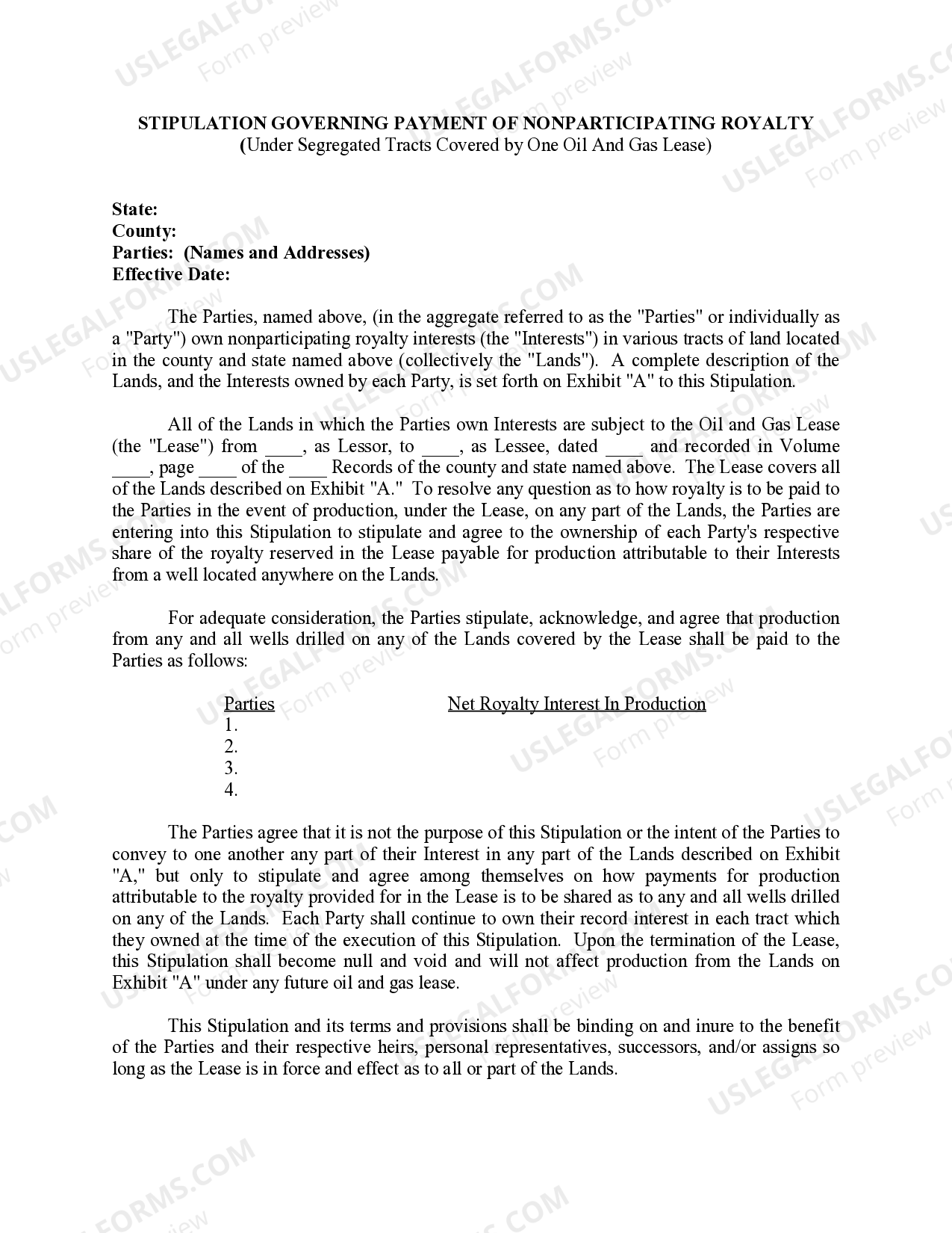 Stipulation Governing Payment of Nonparticipating Royalty Under ...