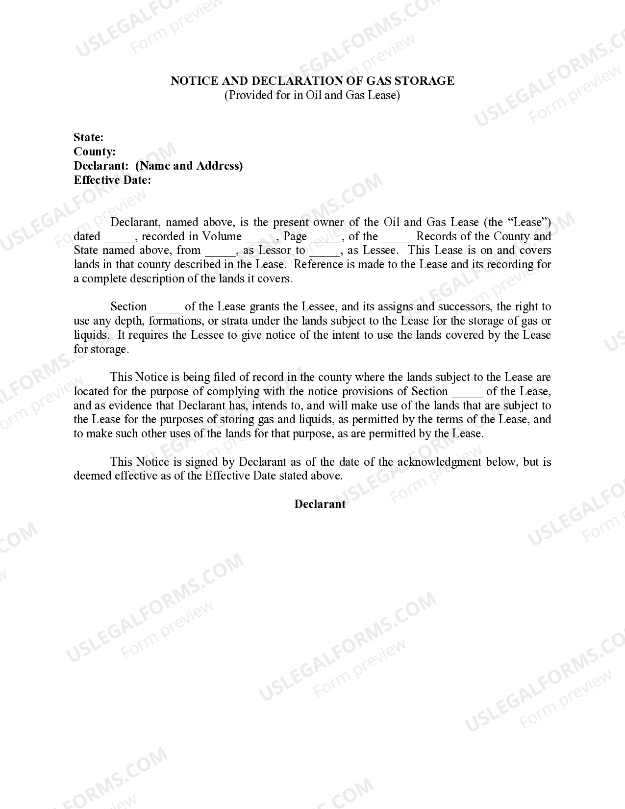 Notice and Declaration of Gas Storage Provided For in Oil and Gas Lease ...