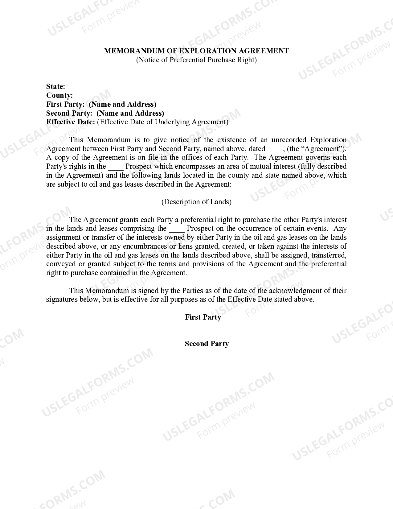 Memorandum of Exploration Agreement and Notice of Preferential Purchase ...