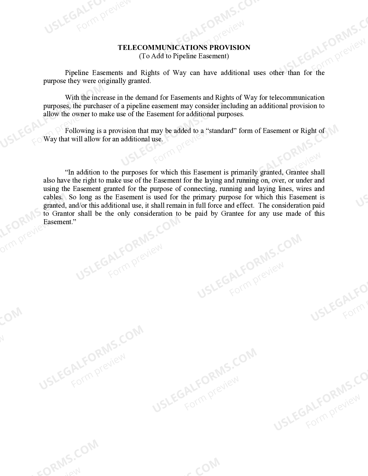 Telecommunications Provision to Add to Pipeline Easement | US Legal Forms