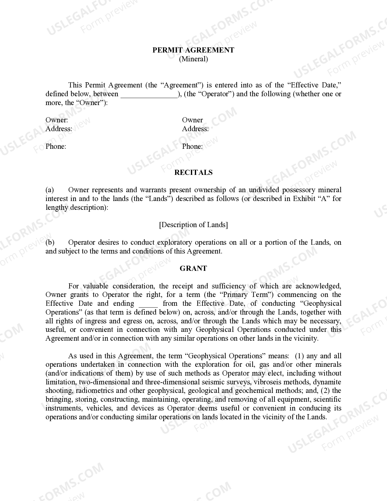 Permit Agreement for Minerals | US Legal Forms